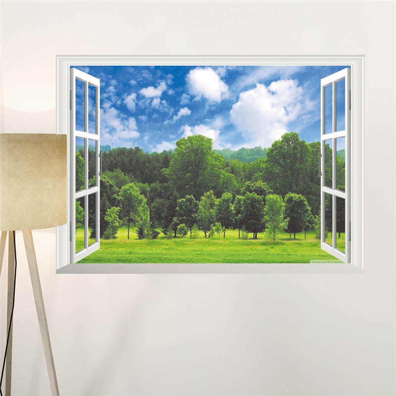 Cartoon Forest Tree Window View Wall Sticker PVC 3... – Grandado