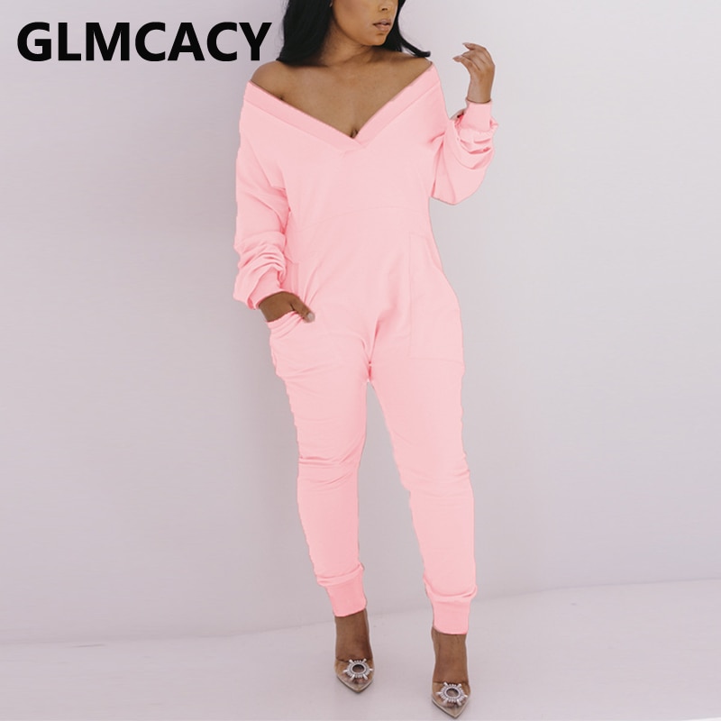 Women Long Sleeve V Enck Solid Jumpsuit Pocket Reg... – Vicedeal