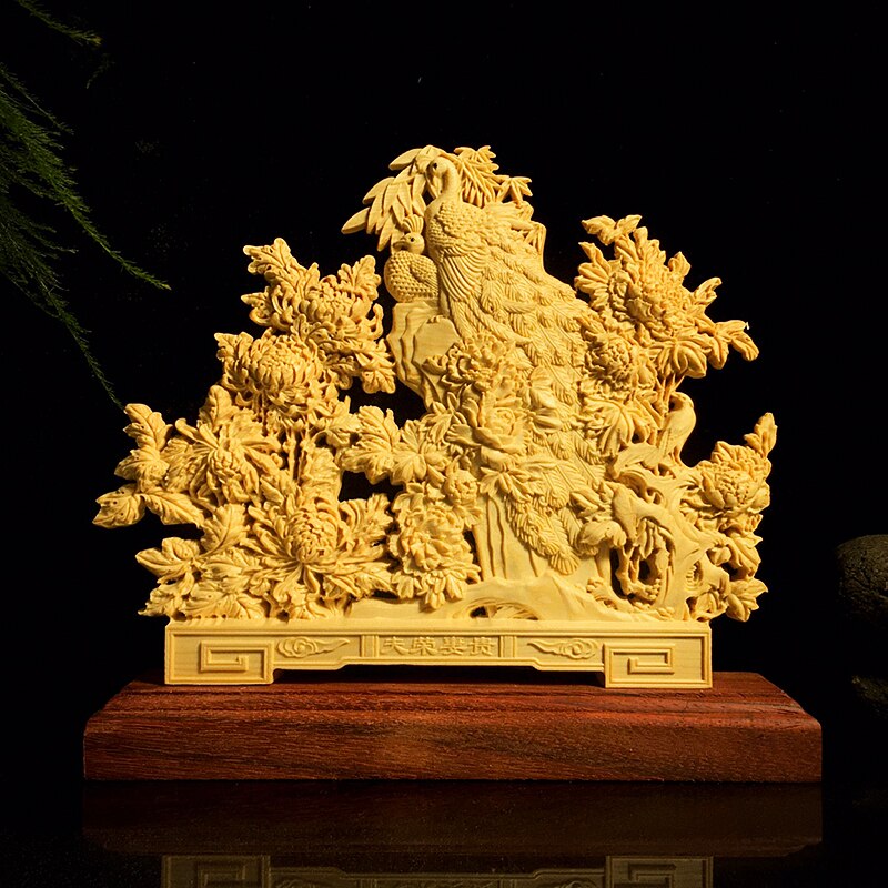 Wooden Peacock Peony wood carving crafts Semi hand... – Grandado