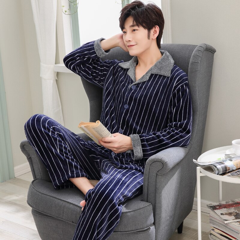 Men Pajama Set Winter Flannel Thick Warm Men Sleep... – Grandado
