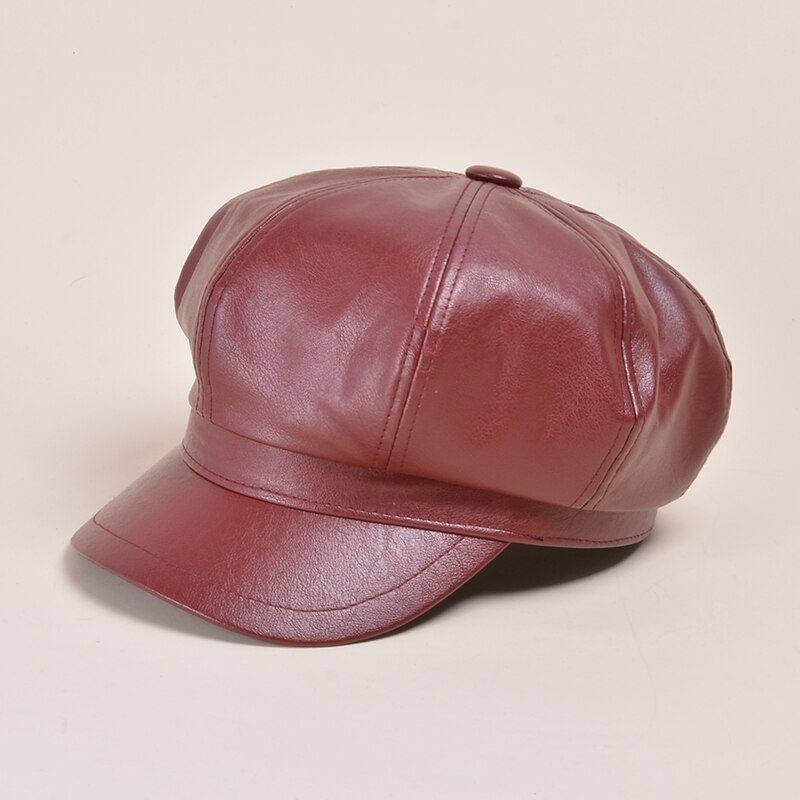 Autumn Female Solid Color Pu Leather Octagonal Hat... – Grandado