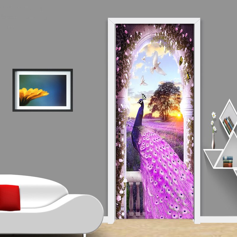 PVC Door Sticker Modern Purple Peacock Dream Laven... – Grandado