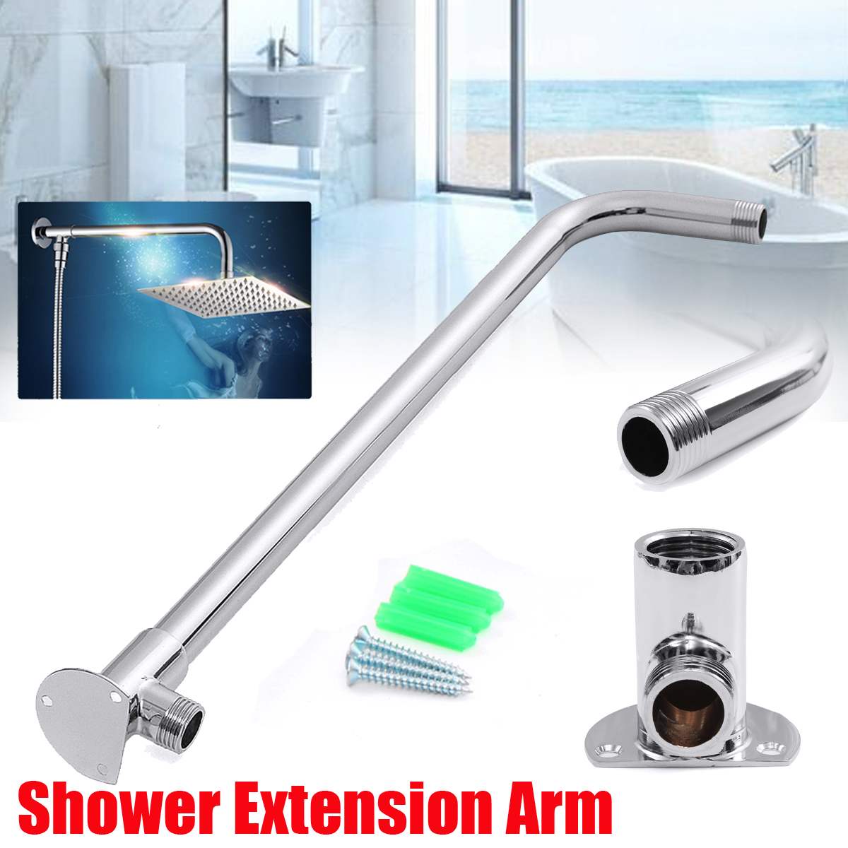 47.5cm Shower Head Extension Arm Kit Silver Wall M... – Vicedeal