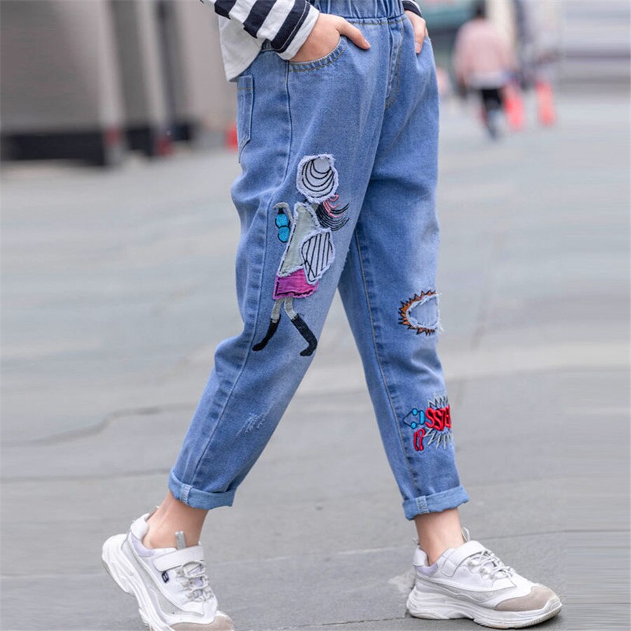 Girls Jeans Pants Kids Cute Cartoon Flowers Patter... – Vicedeal
