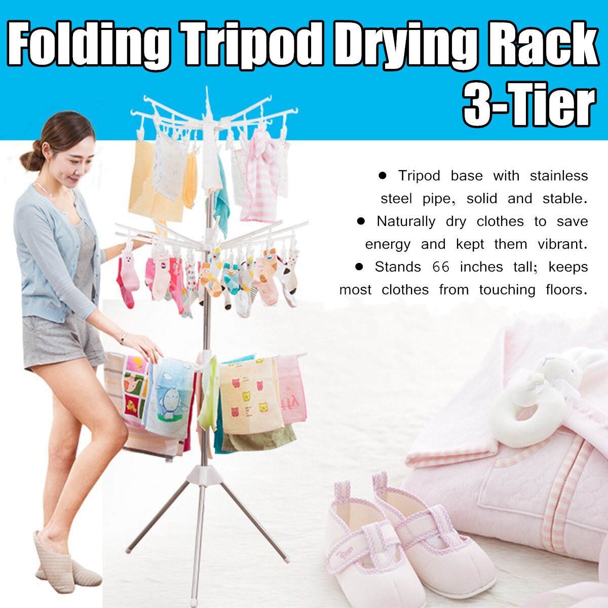3 Tiers Foldable Cloth Drying Rack Stainless Steel... – Vicedeal