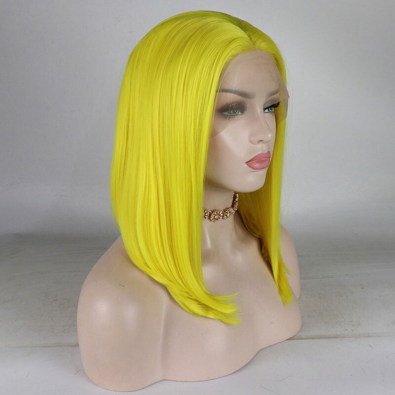 Bomshell Short Straight Bob Bright Yellow Syntheti... – Grandado