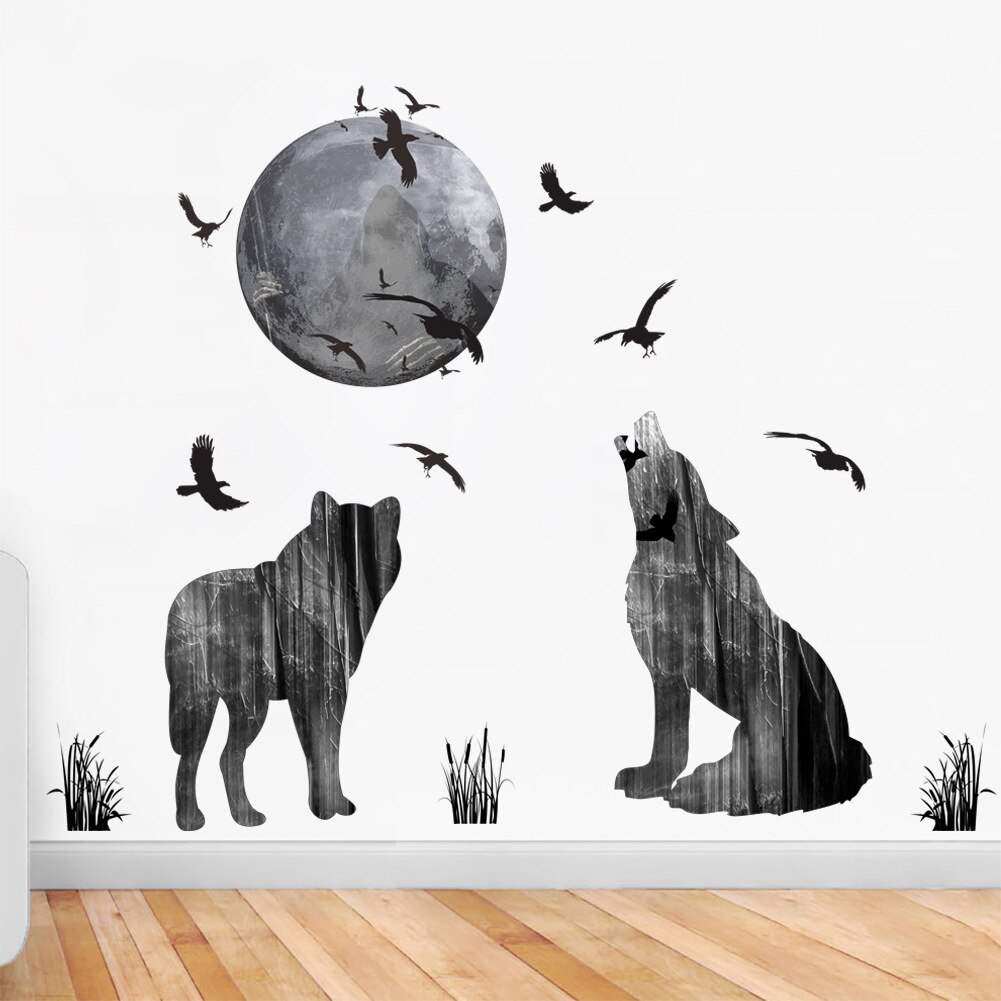War Wolf Watching Moon Wall Sticker Living Room Be... – Grandado