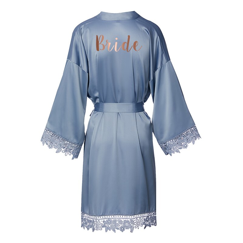 Dusty Blue Matt Satin Lace Robe with Trim Gown Bri... – Grandado