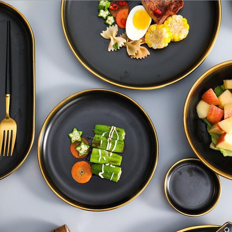 Black gold porcelain tableware set kitchen plate c... – Vicedeal