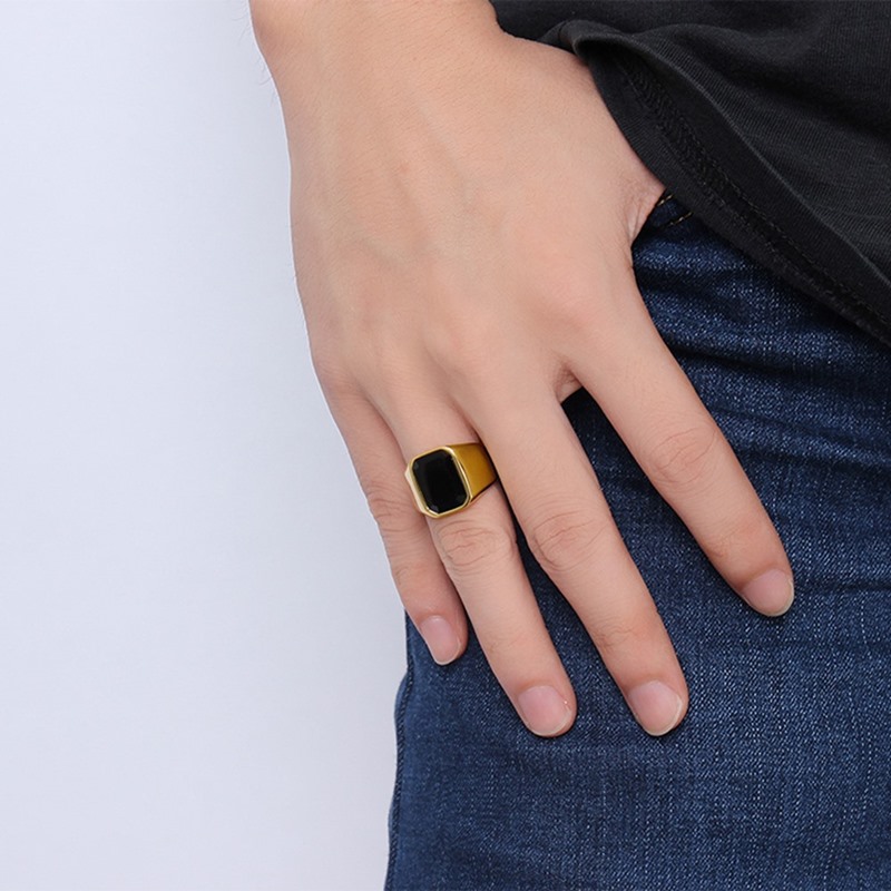 Men Rings Stainless Steel Signet Ring with Black S... – Grandado