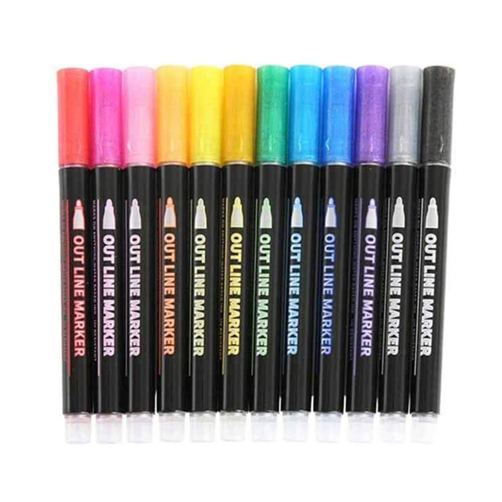 Double Line Outline Marker Pens 12 Colours Metalli... – Vicedeal