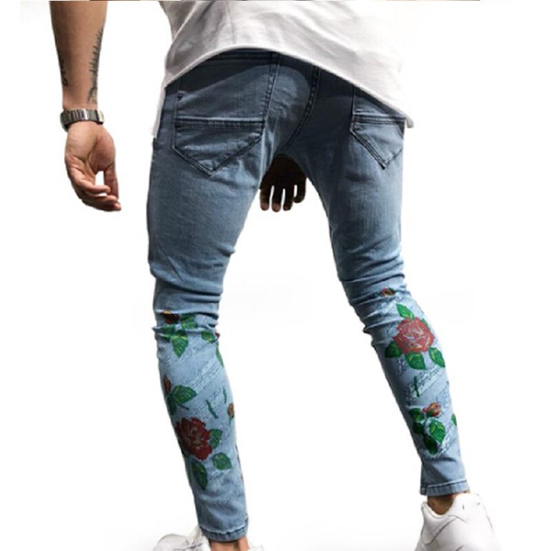 Rose Print Potlood Jeans Voor Mannen Lichtblauw Sl... – Vicedeal