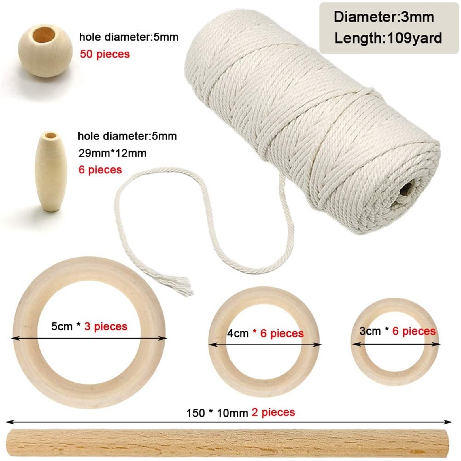 Macrame Cord Natural Cotton Rope M With Wood Ring ... – Vicedeal