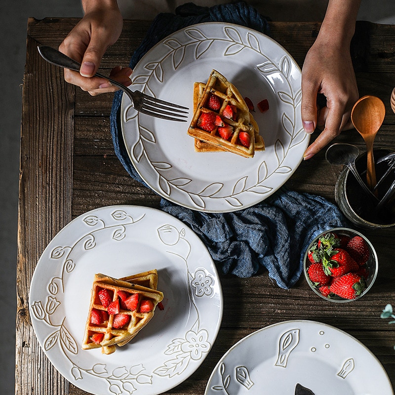 White Antique Relief Ceramic Dinner Plate Set Porc... – Grandado