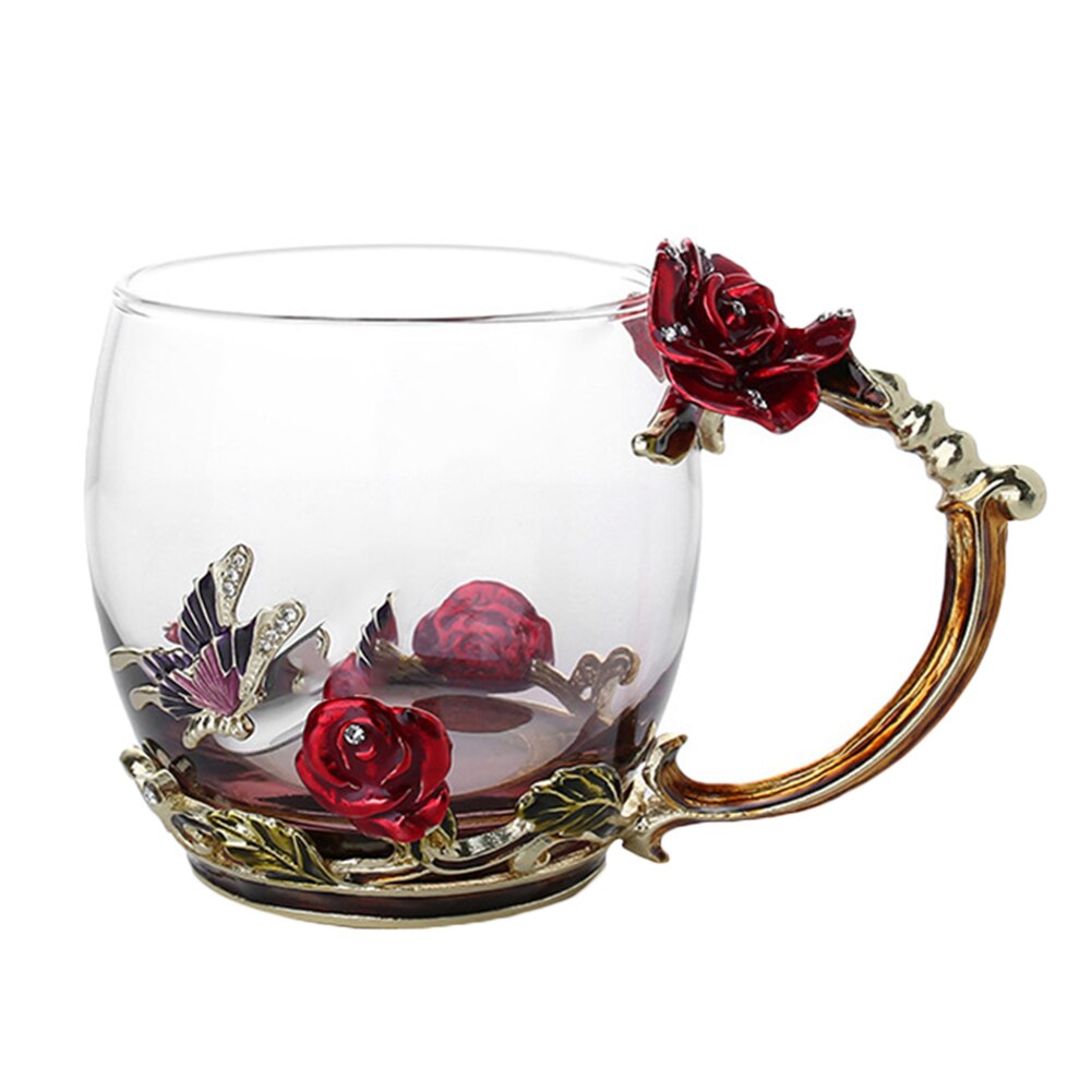 Emaille Koffie Thee Cup Mok 3D Rose Vlinder Glas C... – Grandado
