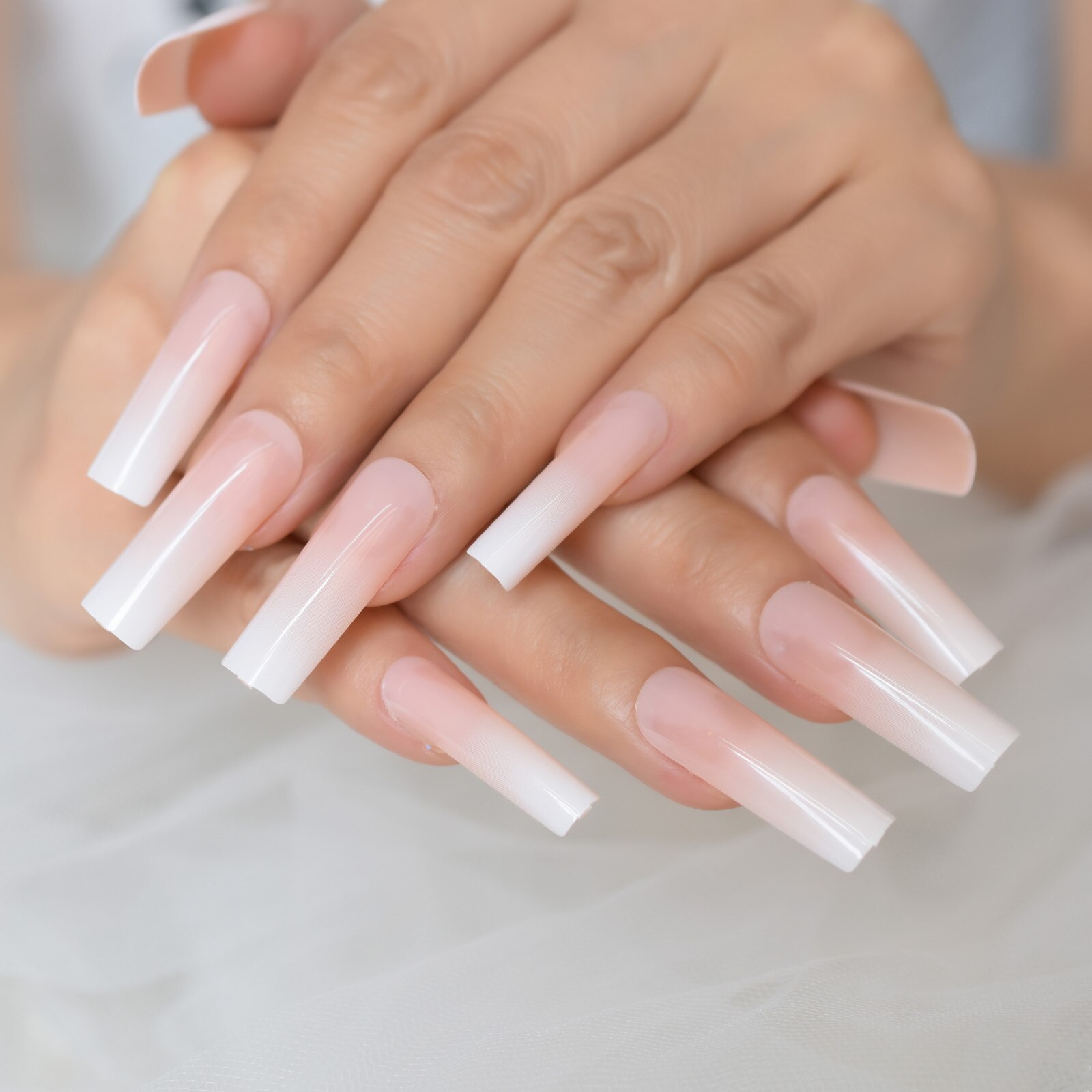 Square False Nails Nude Ombre Gradient French Tips... – Grandado