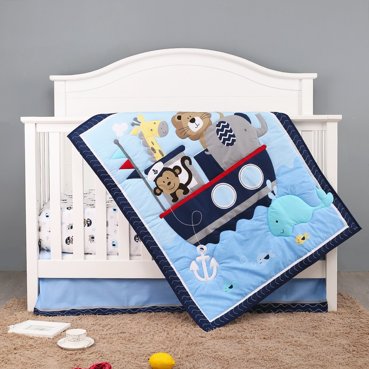 3pcs Navy Blue Baby Crib Bedding Set Girls Boys Wa... – Grandado