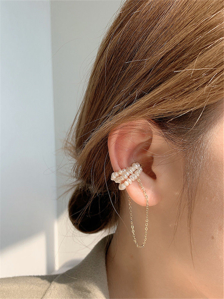 Kshmir Chain metallic gold natural pearl ear clip ... – Vicedeal