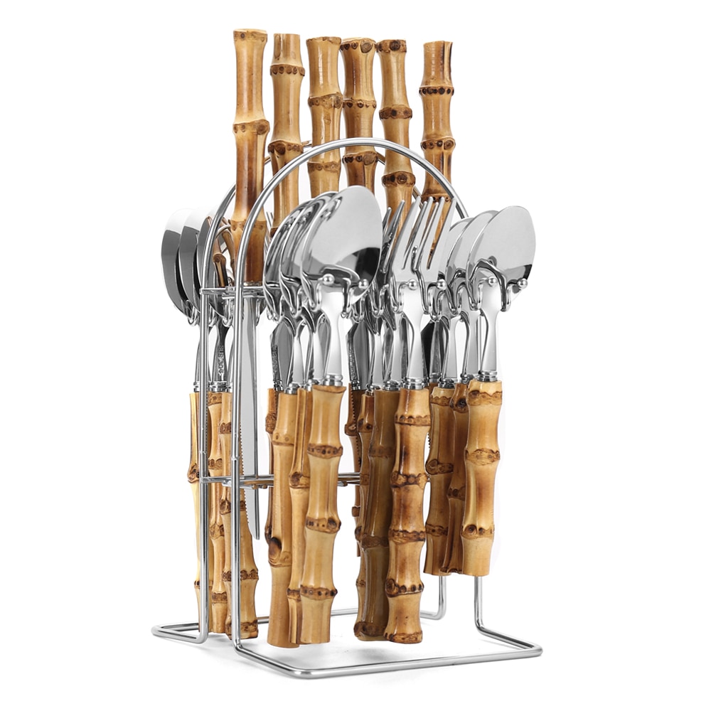 4-24Pcs Natural Bamboo Tableware Set Stainless Ste... – Vicedeal