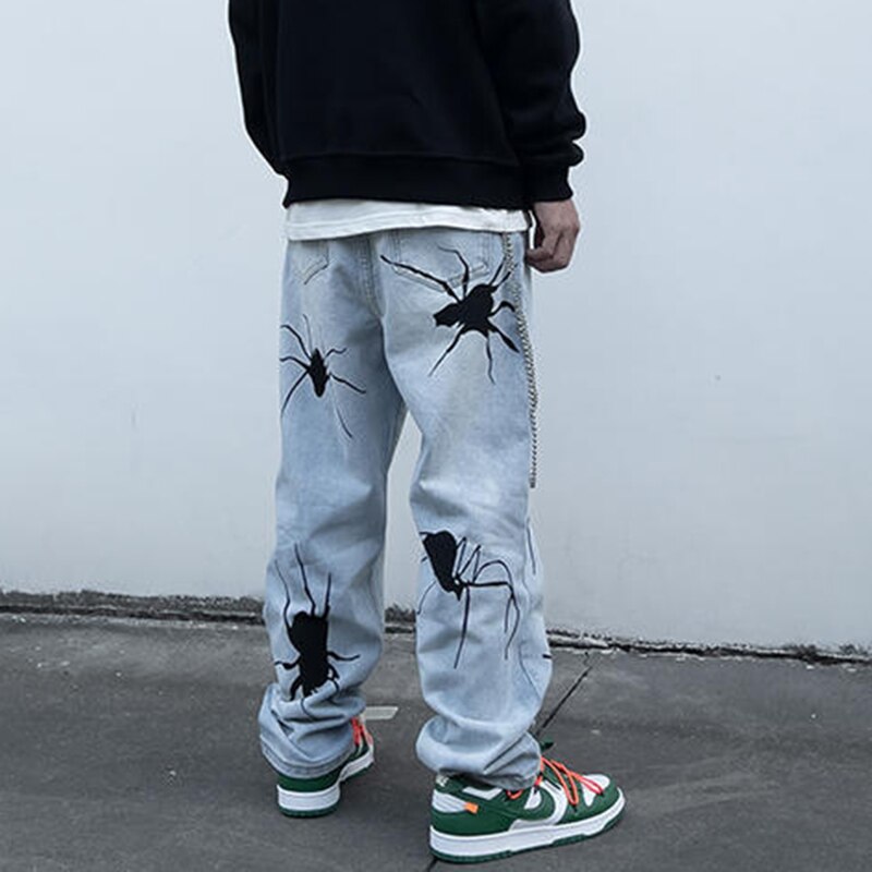 Harajuku Spider Embroidery Washed Retro Mens Jeans... – Grandado