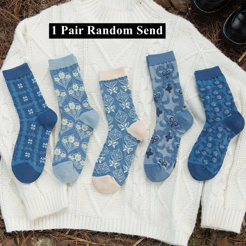 Vintage Blue Socks Ethnic Embroidery Retro Harajuk... – Grandado