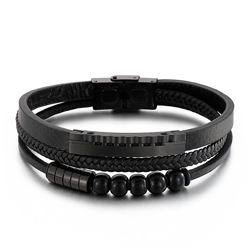 Multi Layer Leather Braided Bracelet for Men Black... – Grandado
