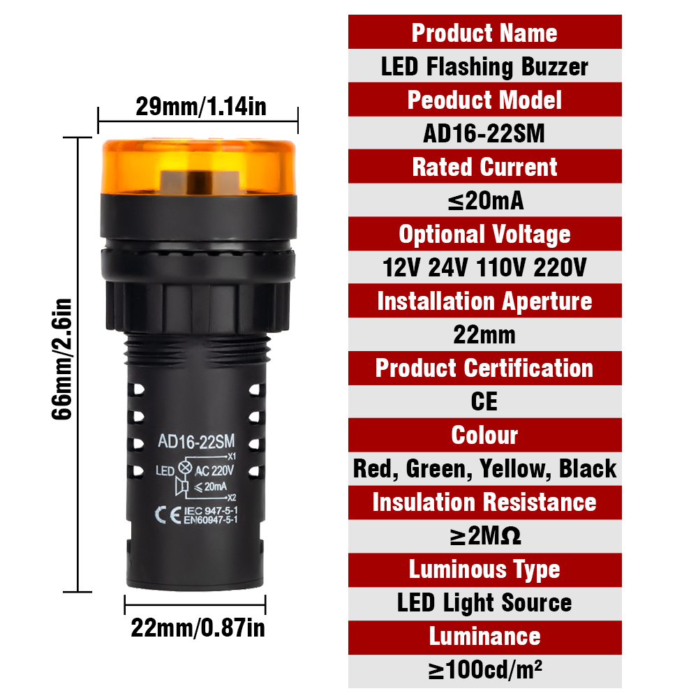 AD16-22SM Diametro pannello 22mm AC 12V 24V 110V 2... – Vicedeal