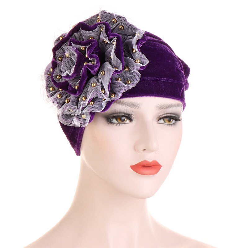 velvet hijab caps lace flower turban bonnet for wo... – Vicedeal
