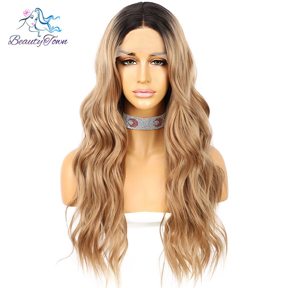 Long Wave Synthetic Lace Wig Dark Roots Ombre Brow... – Grandado