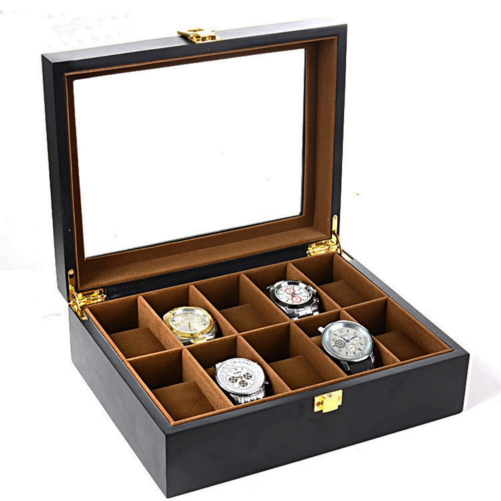 Wooden Watch Box Storage Glass Top Brown Inner Wat... – Grandado