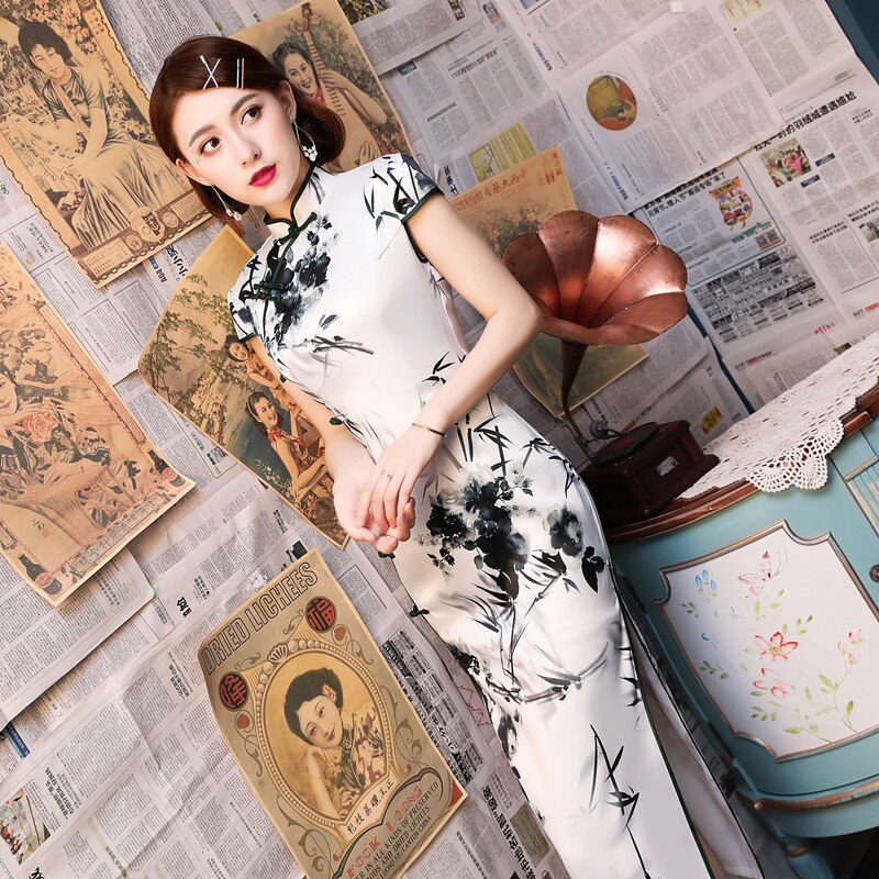 SHENG COCO Lady Black White Evening Cheongsam Robe... – Vicedeal