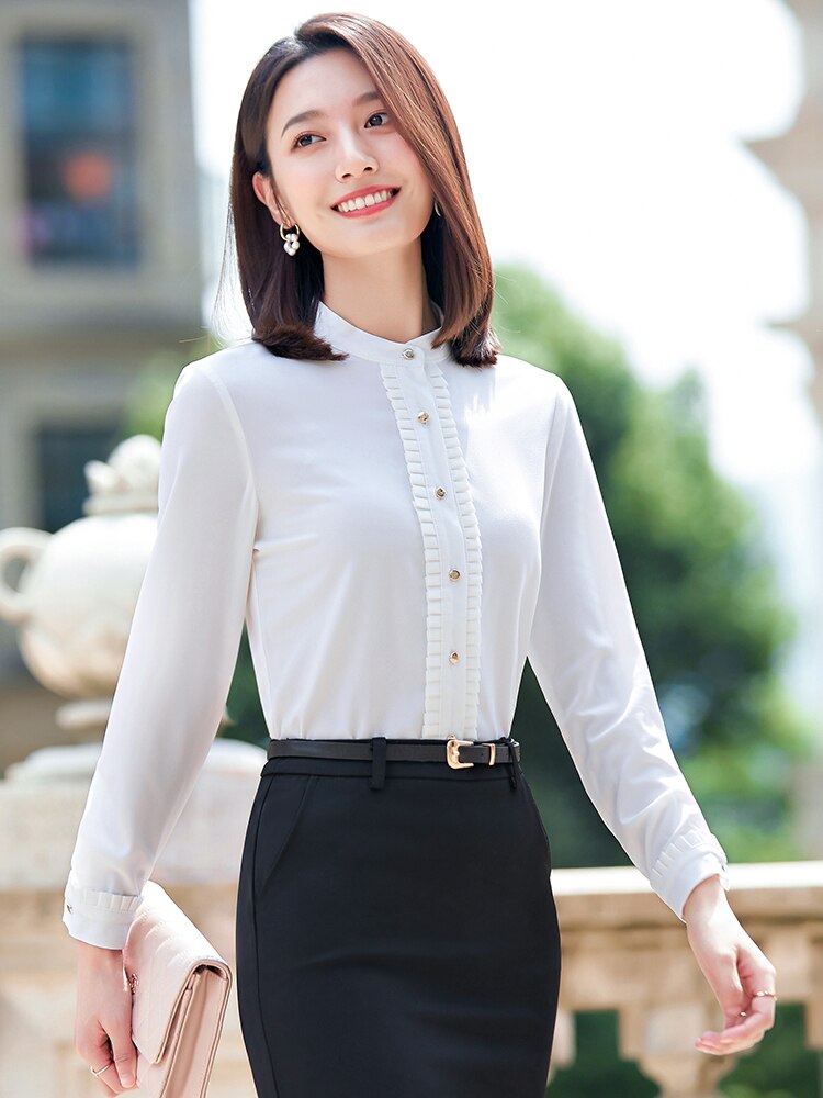 White Long Sleeve Blouses Shirts for Women OL Styl... – Grandado