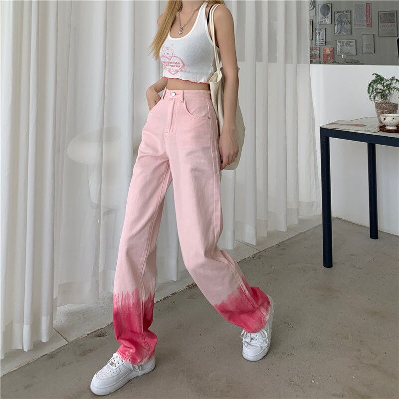Y2k Pink Aesthetic Gradient Wide Leg Jeans Women H... – Grandado