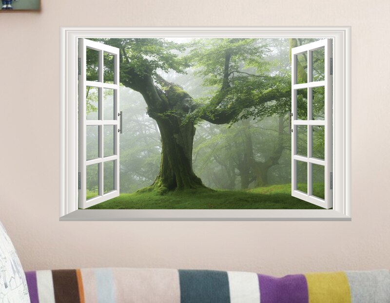 3D Big Old Green Tree Window Wall Art Sticker Viny... – Grandado