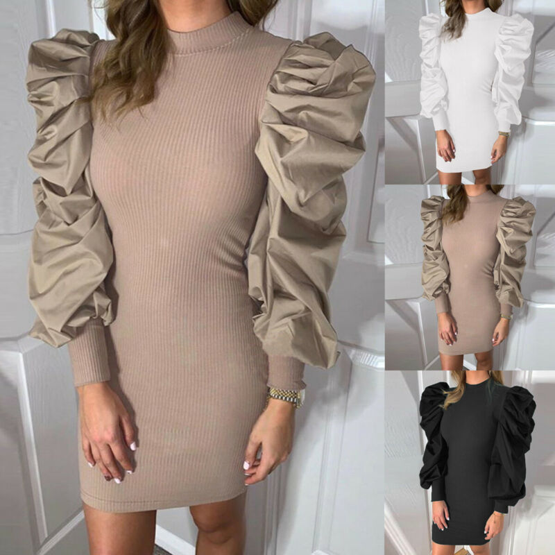 Women Long Puff Sleeve Ribbed Knit Jumper Mini Dre... – Vicedeal
