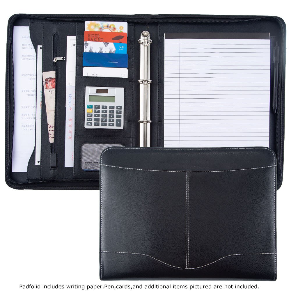 Retractable Handle Black Leather Zippered Binder P... – Grandado