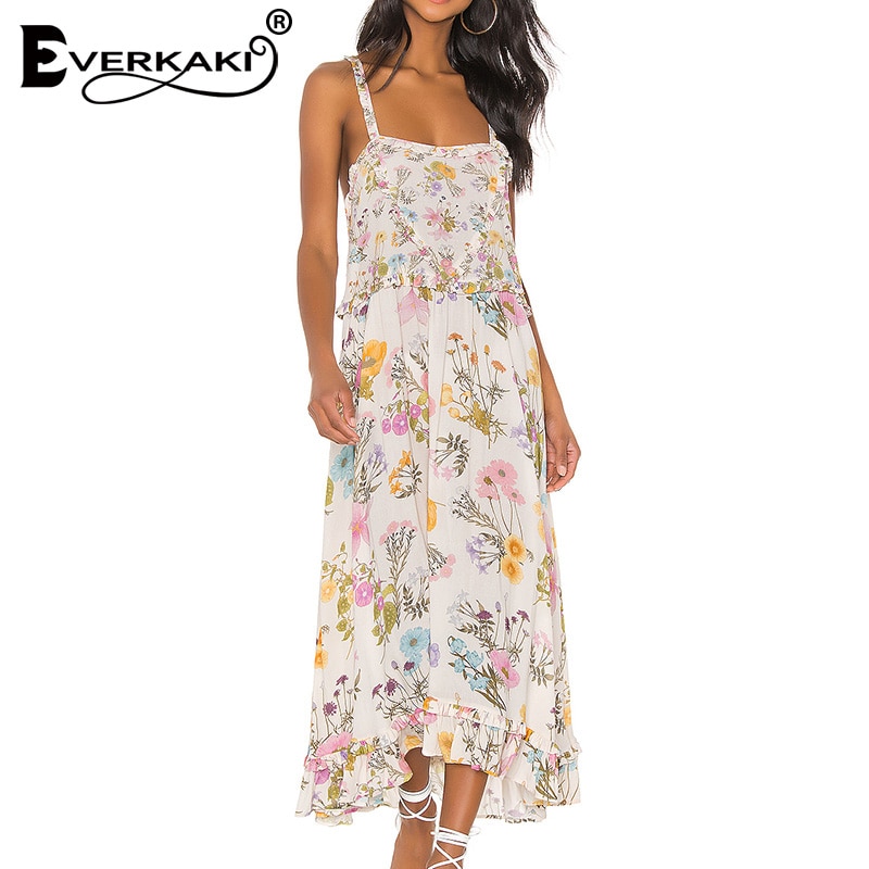 Everkaki Ruches Vrouwen Lange Onderjurk Boho Bloem... – Grandado