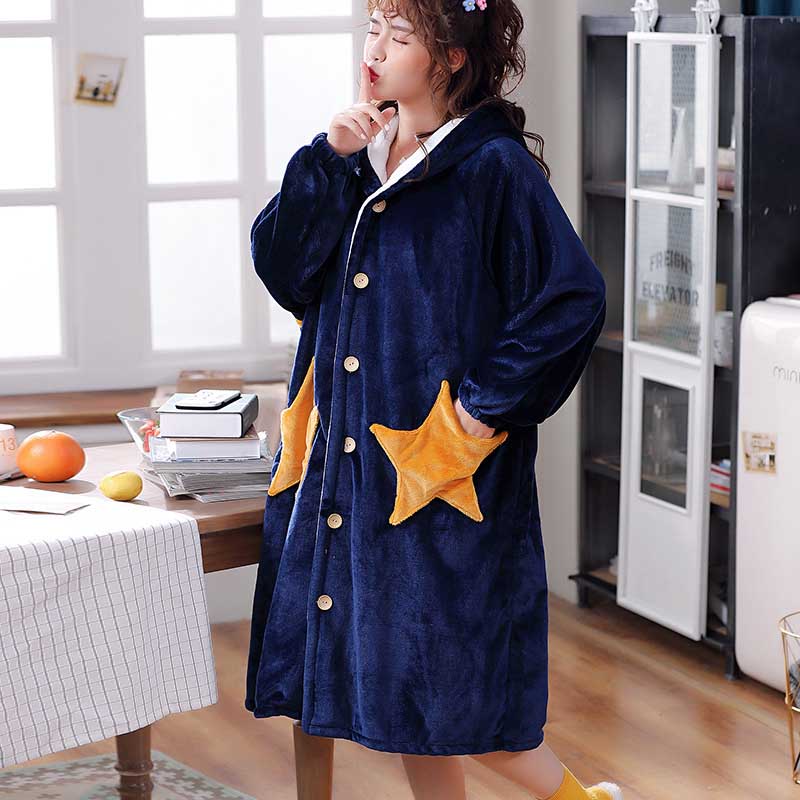 Hooded Night Robe Winter Coral Fleece Cartoon Star... – Grandado