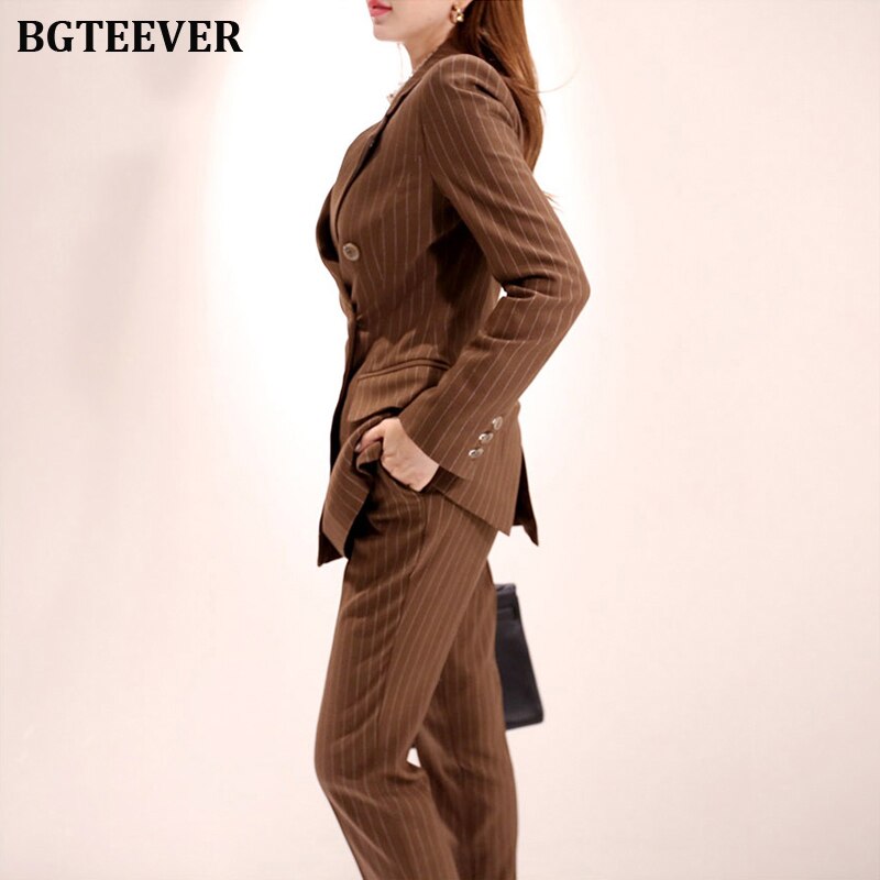 Double-breasted Striped Women Pant Suit Slim Women... – Grandado
