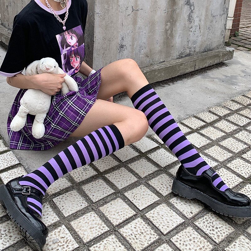 Y Demo Harajuku Elastic Striped Mid Calf Stocking ... – Grandado