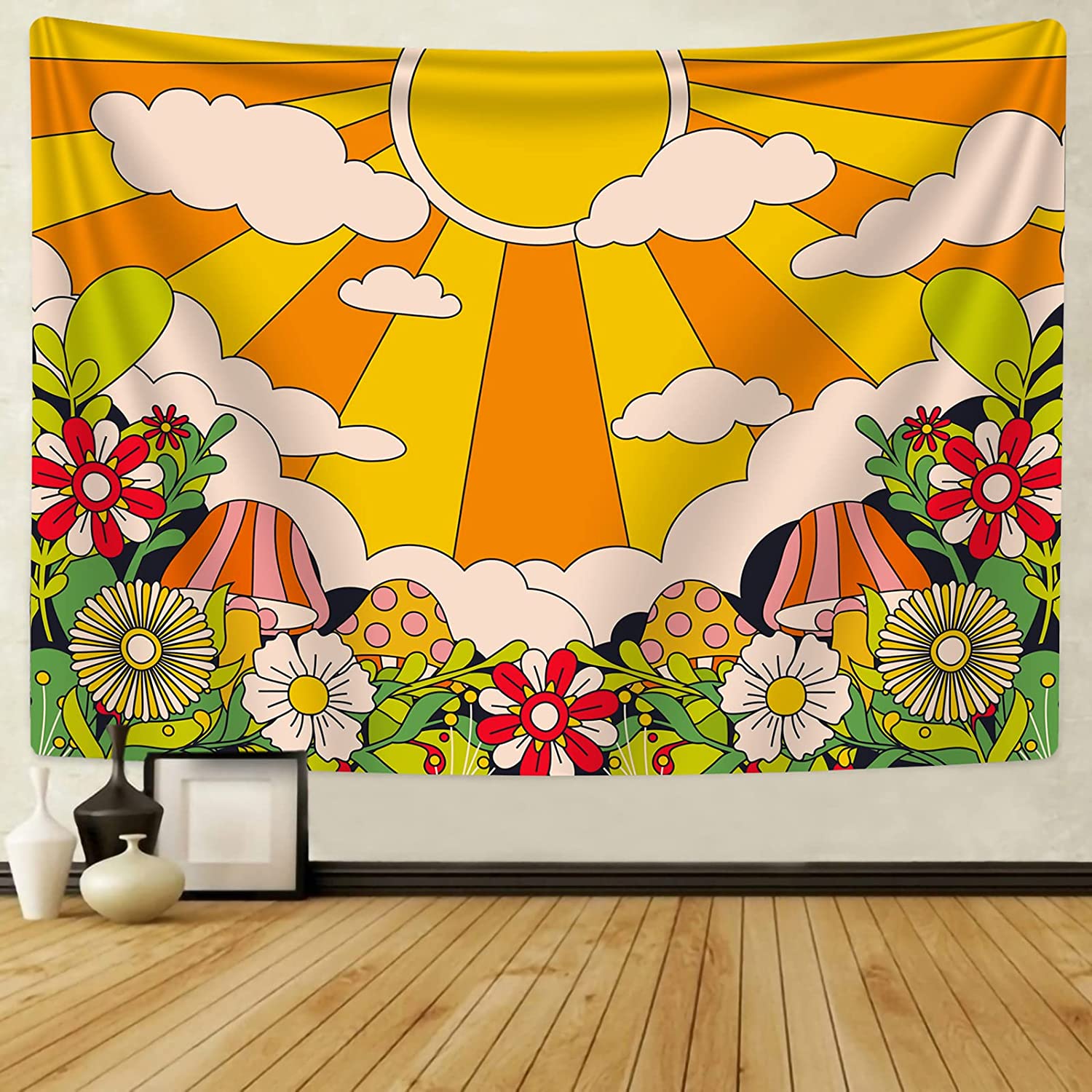 Boho sun and mushroom floral abstract art hippie b... – Grandado