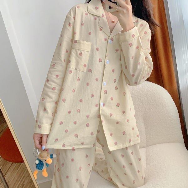 Women Pajama Sets Peach Print Long Sleeve Cozy Cas... – Grandado