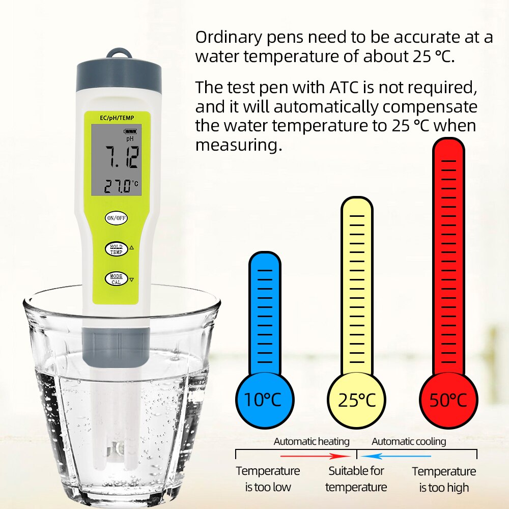 portable Digital Tester Pen Type pH EC TEMP Meter ... – Grandado