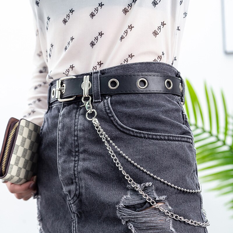 Women Punk Belt Pin Buckle Jeans With Eyelet Chain... – Grandado