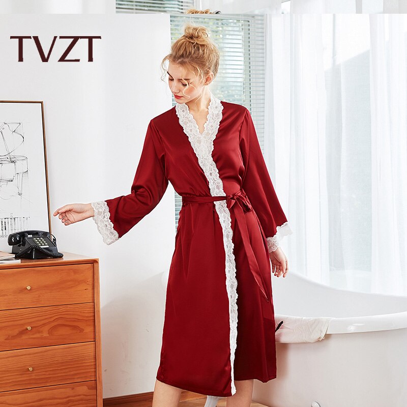 Tvzt Sexy Pajamas Large Size Satin Night Robe Lace... – Vicedeal