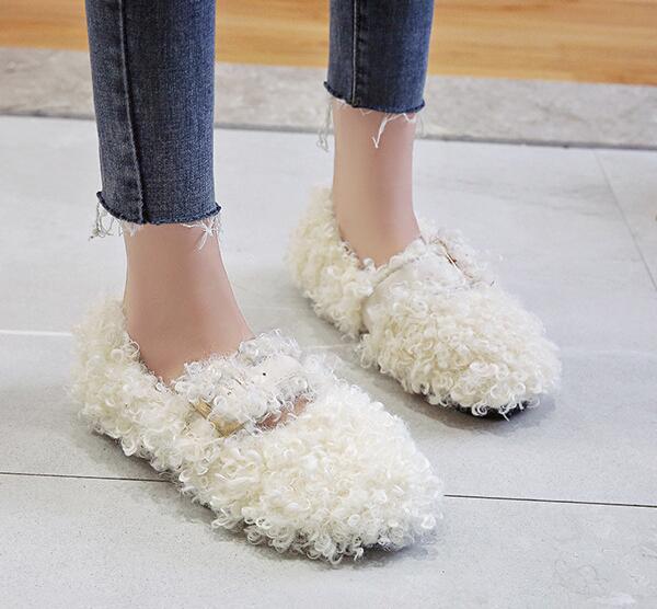 long curly lamb wool warm flats cotton shoes woman... – Vicedeal