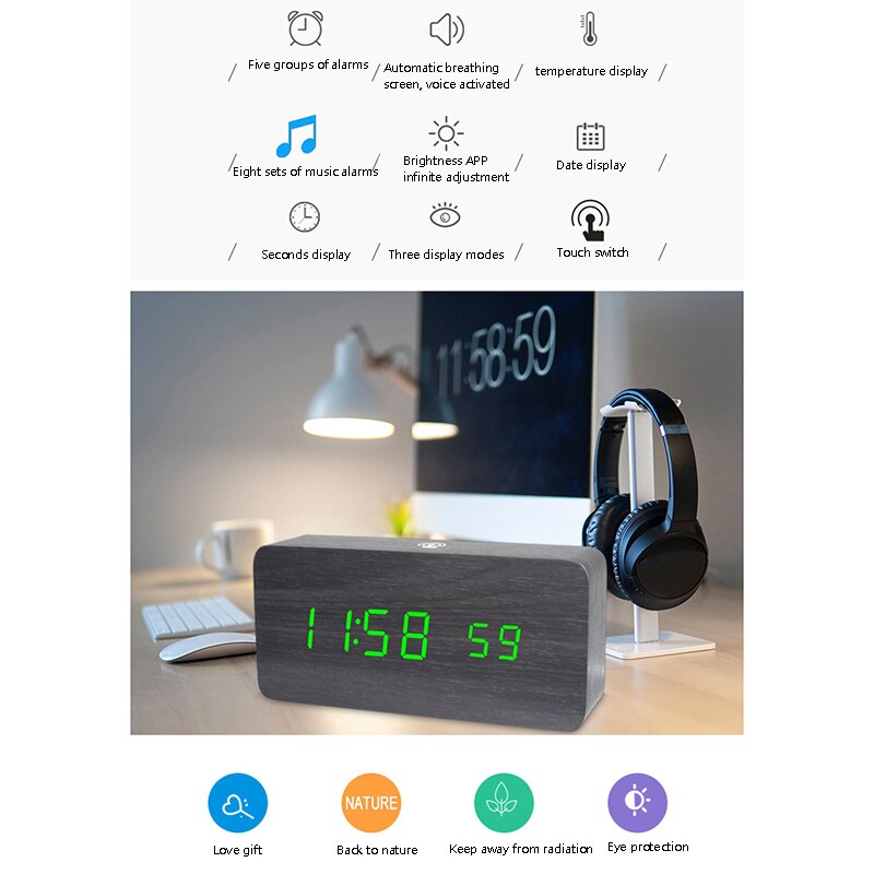 LED Holz Wecker Voice Control Digitale Holz Deskto... – Vicedeal