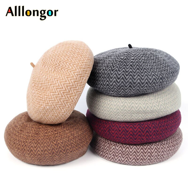 Wool beret hat femme Autumn Winter striped Plaid P... – Grandado