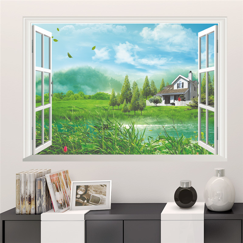 Green Mountain Forest Lake Window Wall Stickers Li... – Grandado