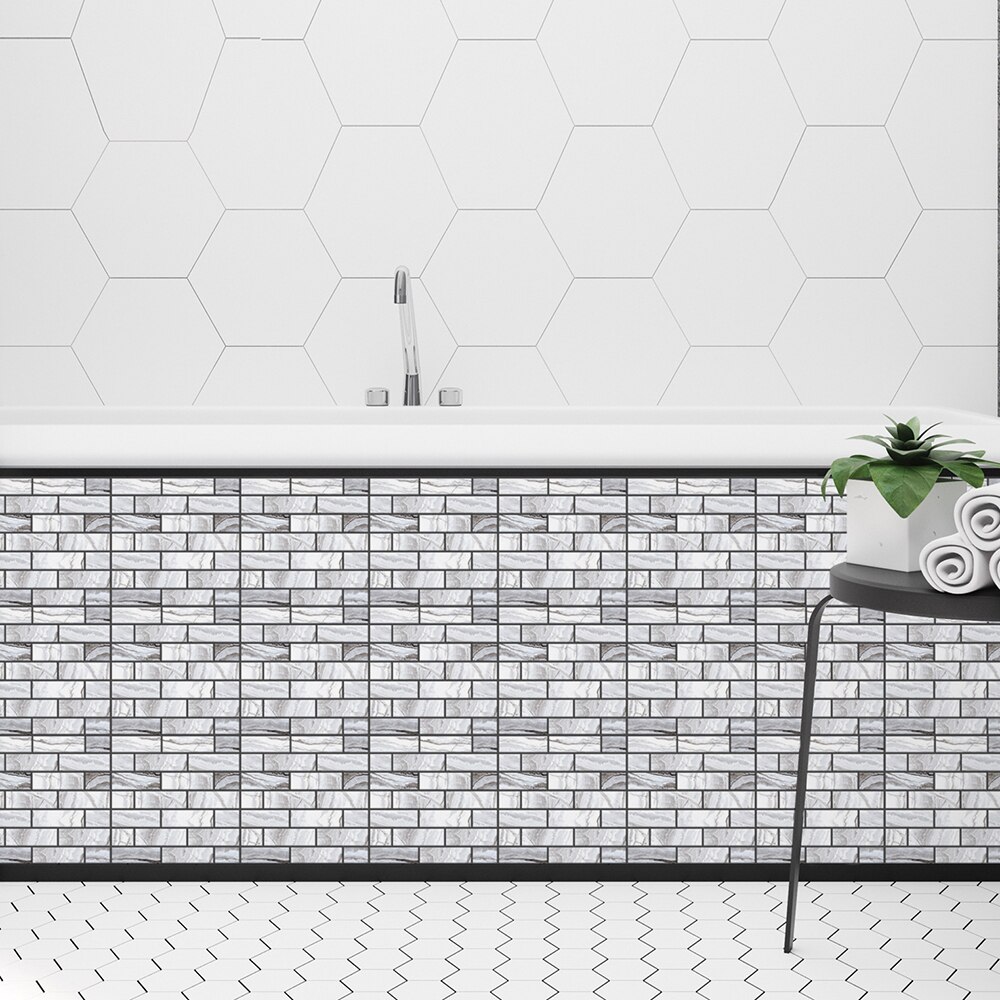 Hvid grå marmor mosaik skræl og pind vægfliser sel... – Grandado